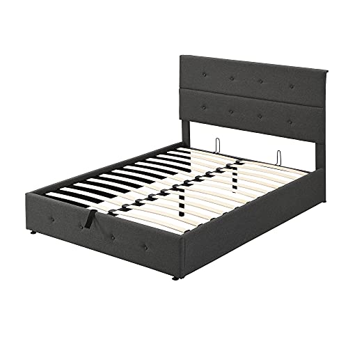 Lift Up Bed with Storage, Platform Bed Frame Full Size with Headboard, Lift Up Storage Bed with, Full Upholstered Bed with Hydraulic Storage System, Grey(Button-Tufted)