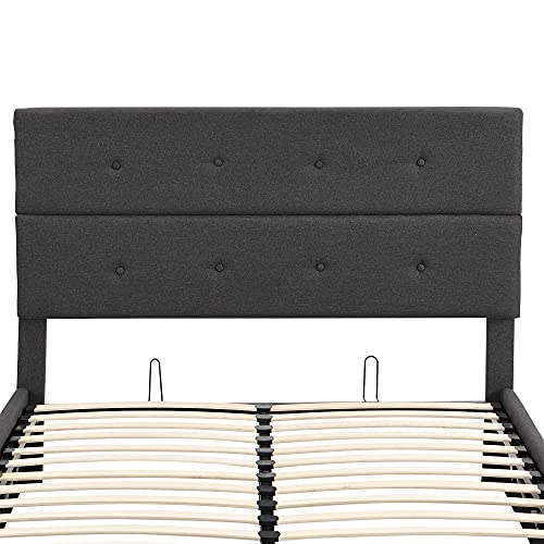 Lift Up Bed with Storage, Platform Bed Frame Full Size with Headboard, Lift Up Storage Bed with, Full Upholstered Bed with Hydraulic Storage System, Grey(Button-Tufted)
