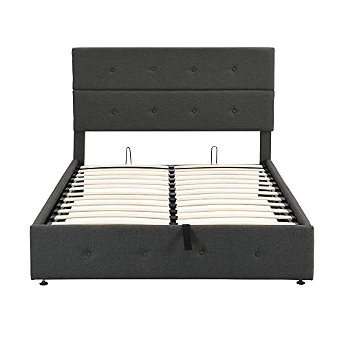 Lift Up Bed with Storage, Platform Bed Frame Full Size with Headboard, Lift Up Storage Bed with, Full Upholstered Bed with Hydraulic Storage System, Grey(Button-Tufted)