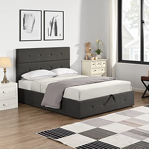 Lift Up Bed with Storage, Platform Bed Frame Full Size with Headboard, Lift Up Storage Bed with, Full Upholstered Bed with Hydraulic Storage System, Grey(Button-Tufted)