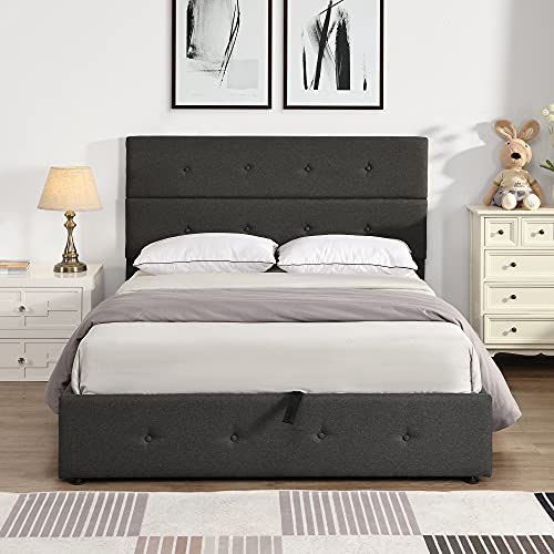 Lift Up Bed with Storage, Platform Bed Frame Full Size with Headboard, Lift Up Storage Bed with, Full Upholstered Bed with Hydraulic Storage System, Grey(Button-Tufted)