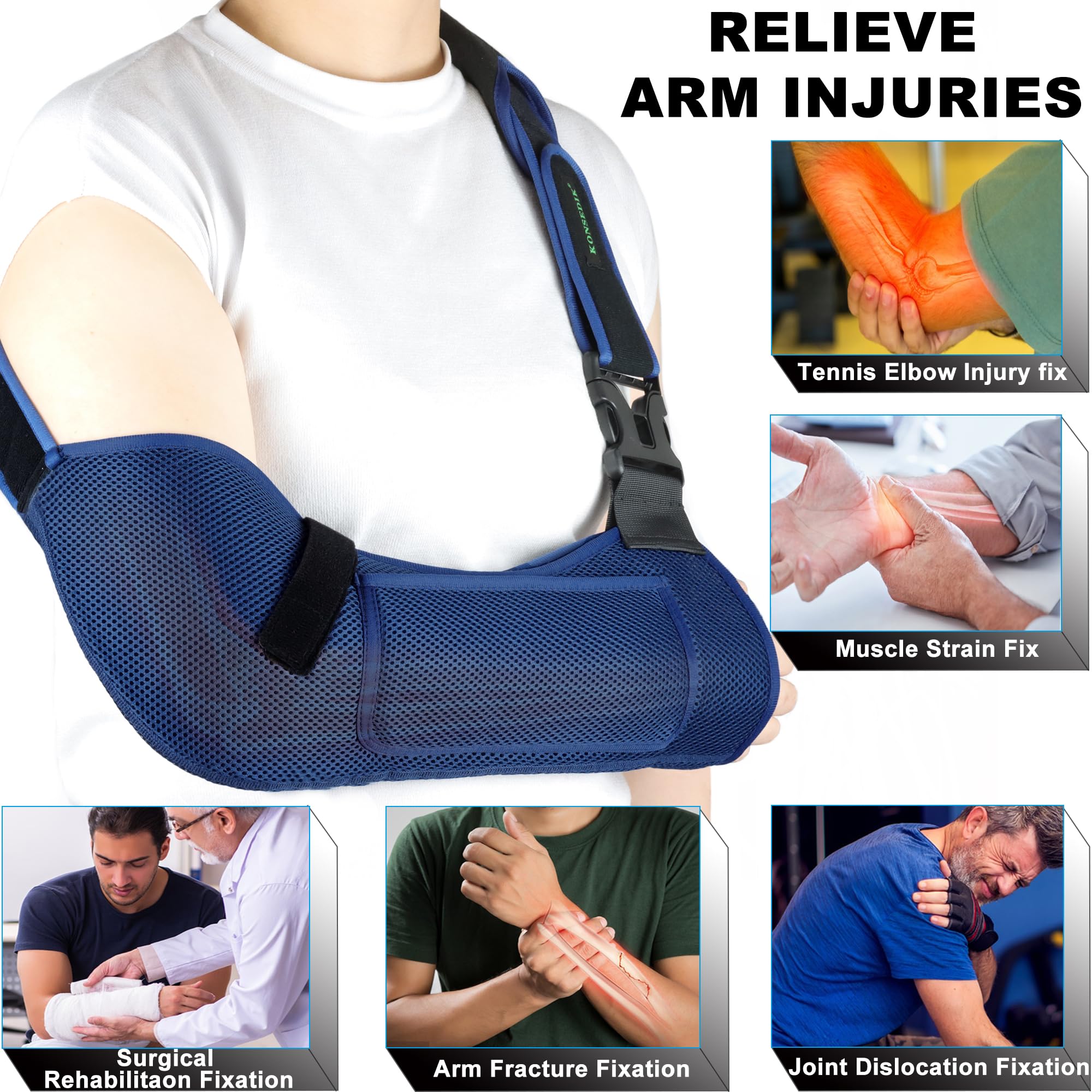 KONSEDIK Arm Shoulder Sling,Breathable Medical Sling with Shoulder Pad,support for Women and Men Rotator Cuff Injury,Left or Right Arm,Elbow,Clavicle Fracture Post-Surgery(Blue, Medium)