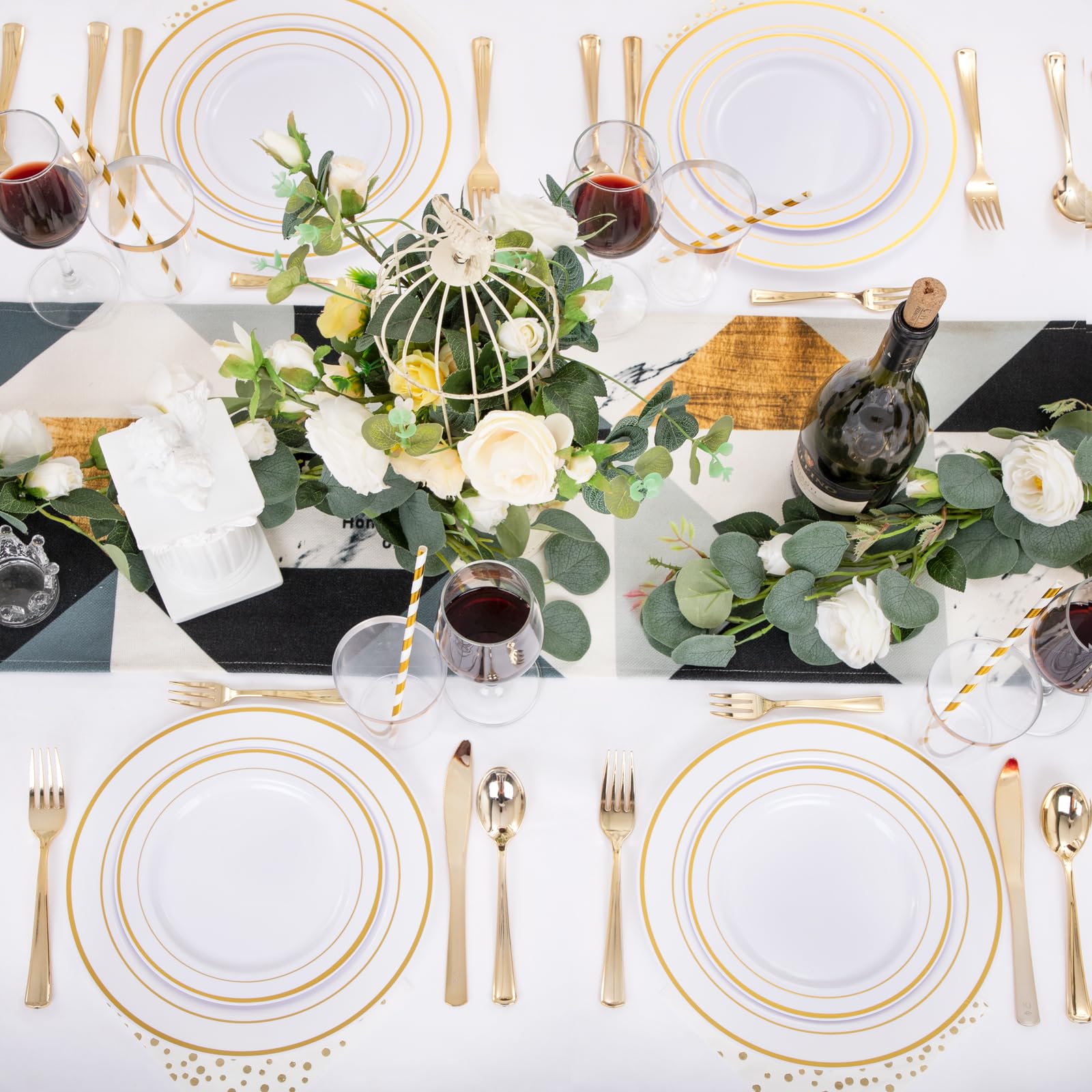 Ciaell 250PCS White and Gold Plastic Plates - Gold Disposable Plastic Plates Sets include 50Plates, 25Knives, 25Forks, 25Spoons, 25Mini Fork, 25 Cups, 25Paper Straws, 50Napkins for Thanksgiving, Party