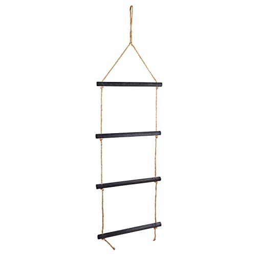 4-Rung Hanging Blanket Ladder, Wooden Rustic Towel Racks for Bathroom with Rope for Bathroom Decor, Black (17 x 60 in)