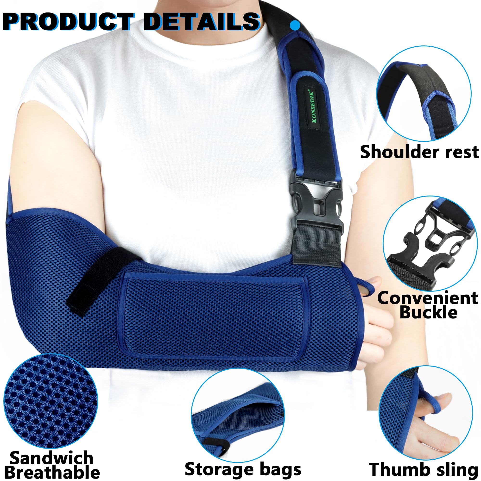 KONSEDIK Arm Shoulder Sling,Breathable Medical Sling with Shoulder Pad,support for Women and Men Rotator Cuff Injury,Left or Right Arm,Elbow,Clavicle Fracture Post-Surgery(Blue, Medium)