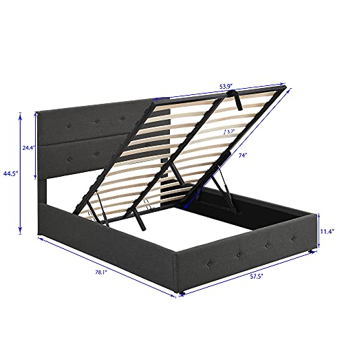 Lift Up Bed with Storage, Platform Bed Frame Full Size with Headboard, Lift Up Storage Bed with, Full Upholstered Bed with Hydraulic Storage System, Grey(Button-Tufted)