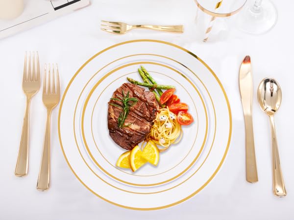 Ciaell 250PCS White and Gold Plastic Plates - Gold Disposable Plastic Plates Sets include 50Plates, 25Knives, 25Forks, 25Spoons, 25Mini Fork, 25 Cups, 25Paper Straws, 50Napkins for Thanksgiving, Party