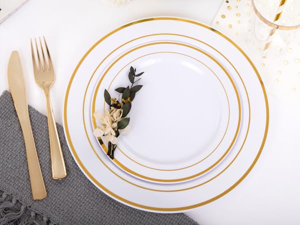 Ciaell 250PCS White and Gold Plastic Plates - Gold Disposable Plastic Plates Sets include 50Plates, 25Knives, 25Forks, 25Spoons, 25Mini Fork, 25 Cups, 25Paper Straws, 50Napkins for Thanksgiving, Party