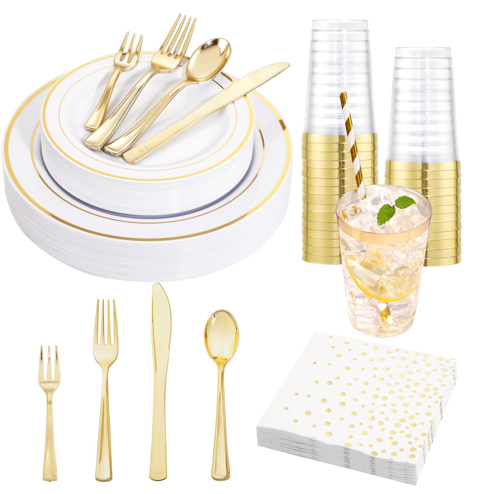 Ciaell 250PCS White and Gold Plastic Plates - Gold Disposable Plastic Plates Sets include 50Plates, 25Knives, 25Forks, 25Spoons, 25Mini Fork, 25 Cups, 25Paper Straws, 50Napkins for Thanksgiving, Party
