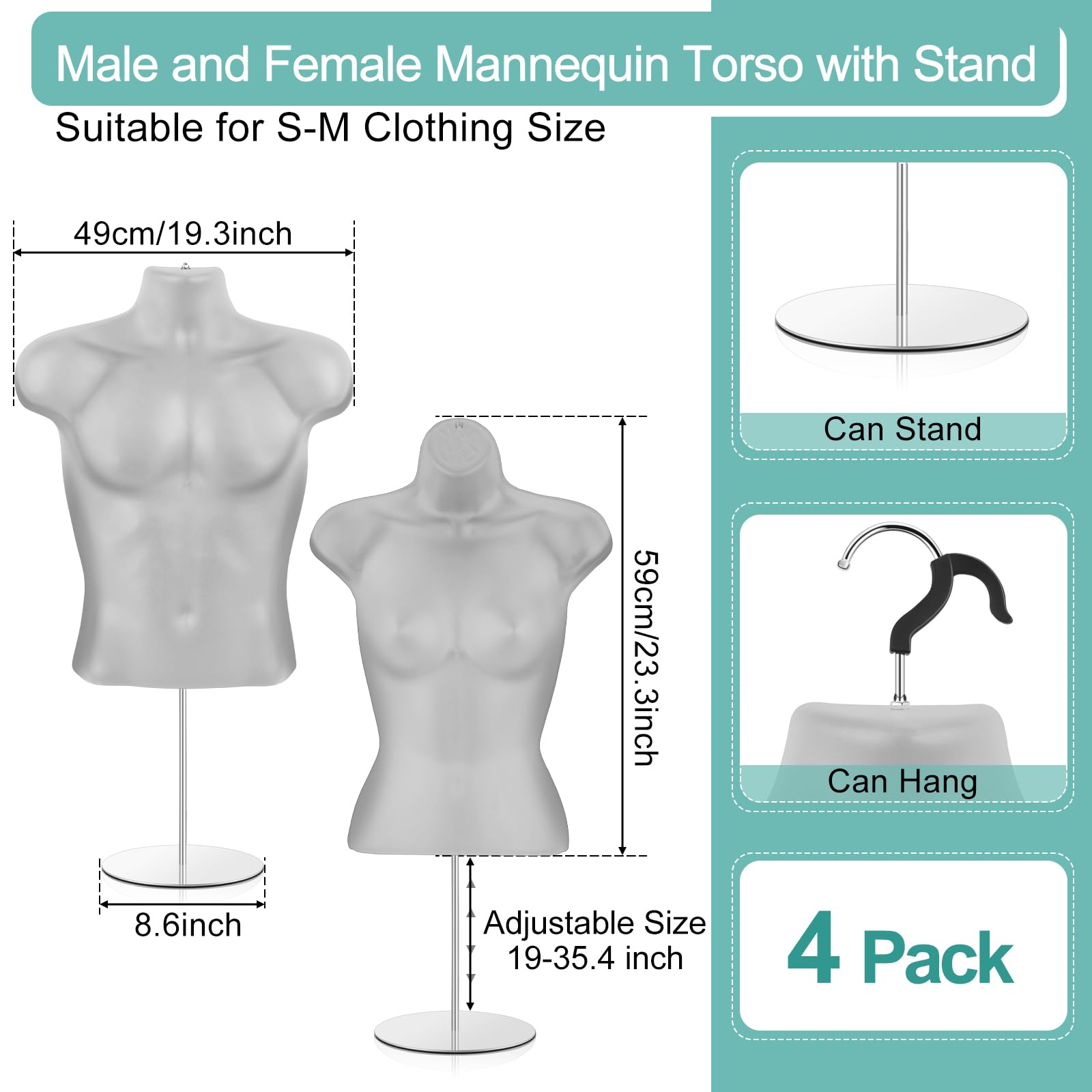 Sintuff 4 Pack Male and Female Mannequin Torso with Stand Dress Form Hollow Back Shirt Mannequin Display Half Body Mannequin for Clothes White Clothing Mannequin for Craft Shows, S-Medium Clothes Size
