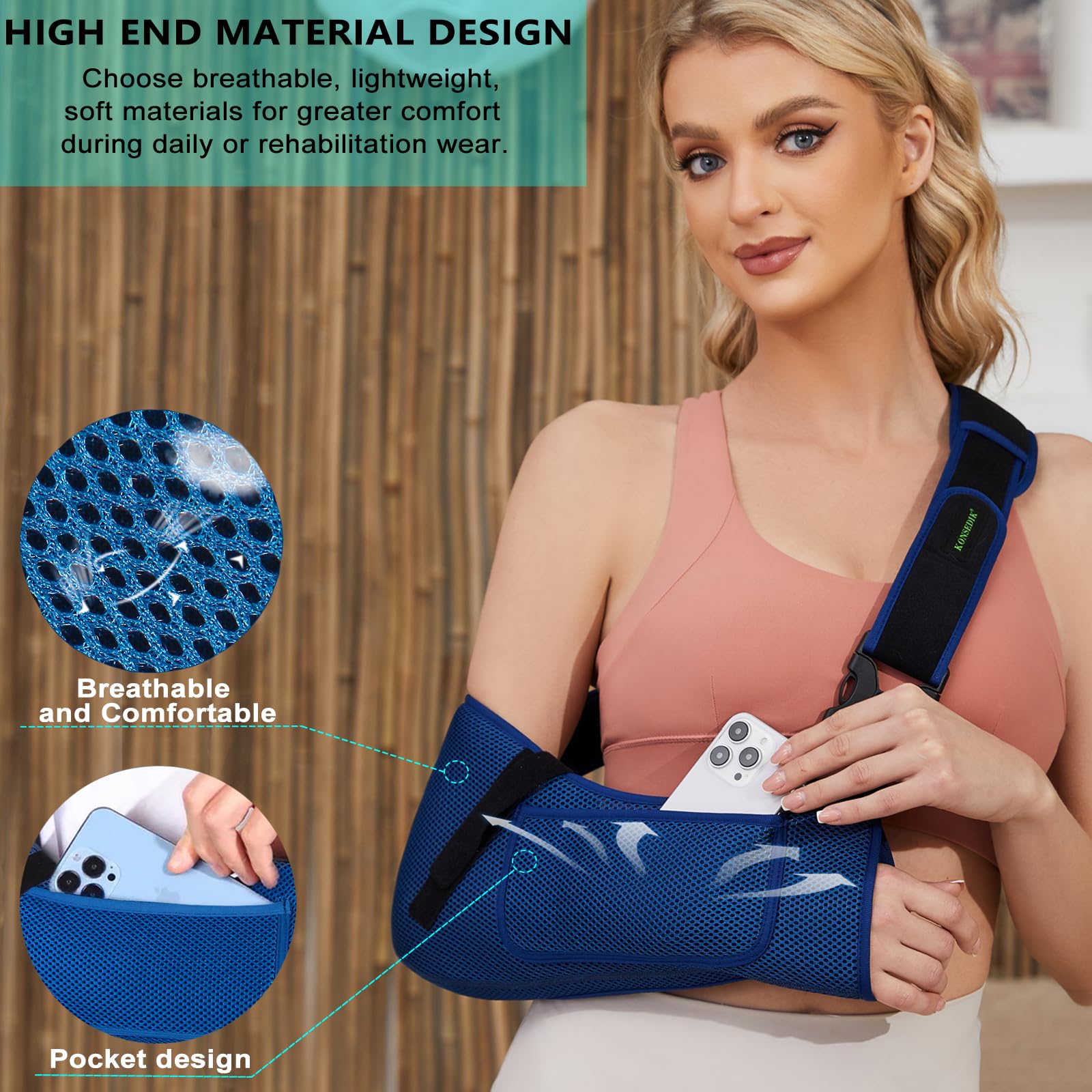 KONSEDIK Arm Shoulder Sling,Breathable Medical Sling with Shoulder Pad,support for Women and Men Rotator Cuff Injury,Left or Right Arm,Elbow,Clavicle Fracture Post-Surgery(Blue, Medium)