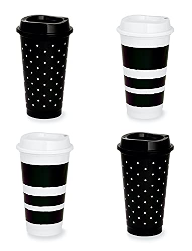Kate Spade New York Black/White Reusable Travel Tumbler Set of 4, 16 Ounce BPA-Free Plastic Cups with Lids, Coffee Mugs for Hot or Cold Drinks, Dots and Stripes