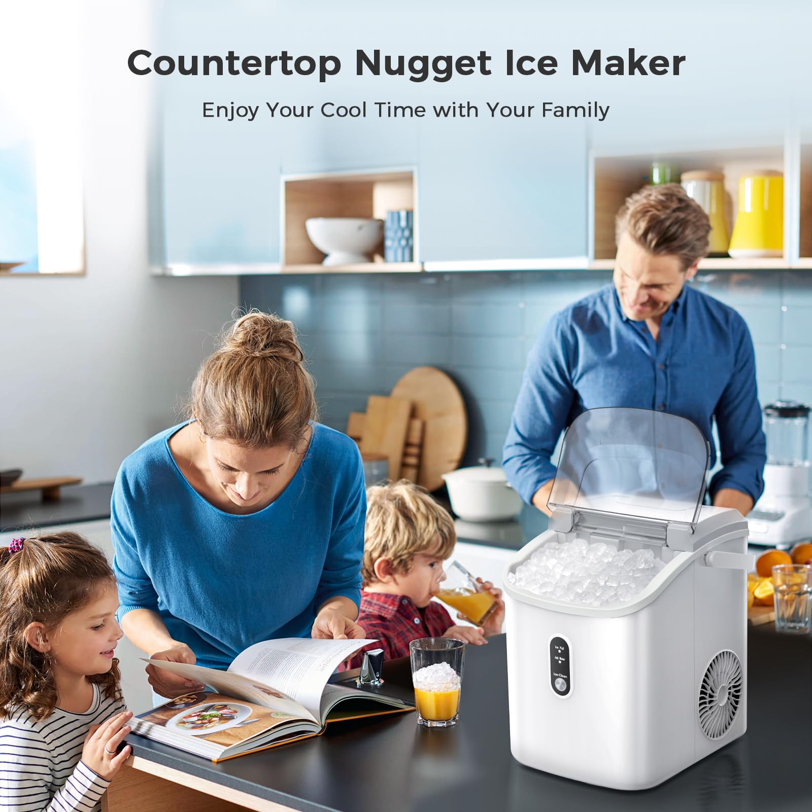AGLUCKY Nugget Ice Maker Countertop, Portable Pebble Ice Maker Machine with Self-Cleaning Function,35lbs/24H,One-Click Operation,Pellet Ice Maker for Home/Kitchen/Office(White)