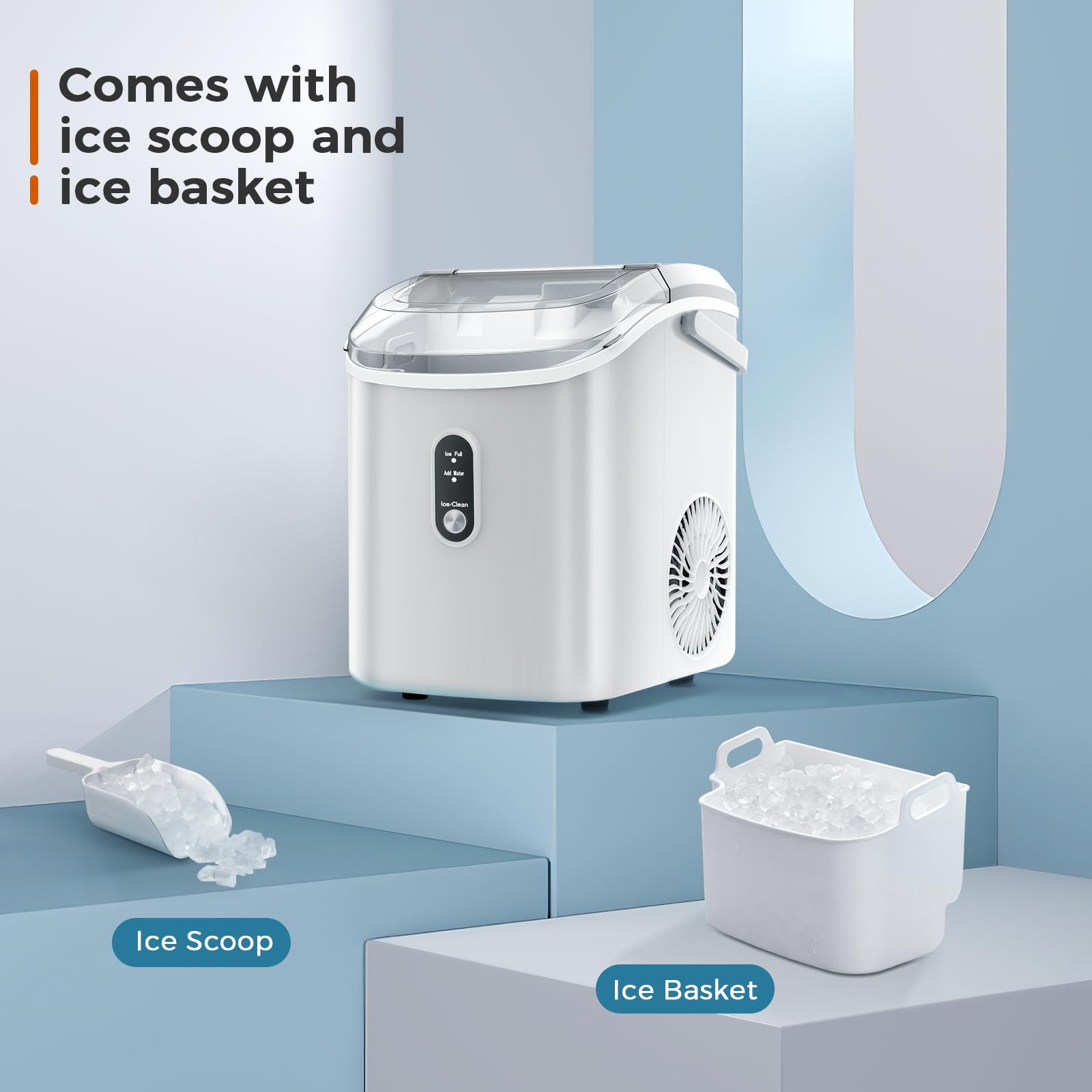 AGLUCKY Nugget Ice Maker Countertop, Portable Pebble Ice Maker Machine with Self-Cleaning Function,35lbs/24H,One-Click Operation,Pellet Ice Maker for Home/Kitchen/Office(White)