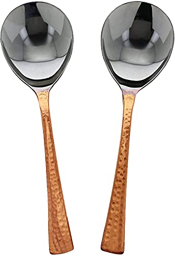 FIKIMOS Indian Handmade Stainless Steel & Copper Serving Spoon Set - Genuine Copper Dinnerware Serving Spoon Pieces Set Of 2