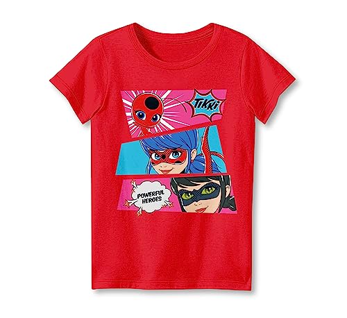 Miraculous Ladybug Girls T-Shirts 2-Pack, Ladybug Cat Noir Rena Rouge Short Sleeve Tees 2-Pack Bundle Set for Girls (Red/Grey, Size 4/5)