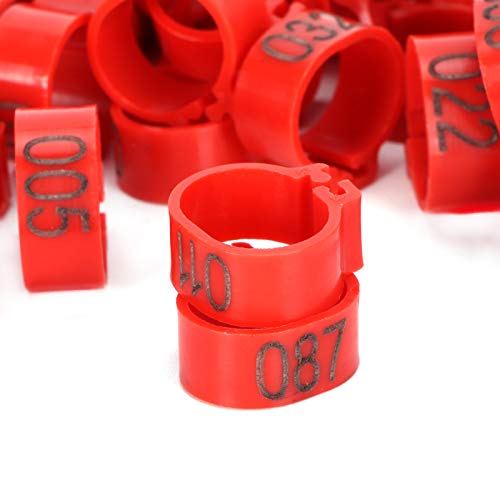 Astibym Bird Clip, 100Pcs Plastic Pigeons Identify Reusable Easy to Use Pigeons Leg Bands 001β100 Numbered for Parrots(10mm red with Word Ring)