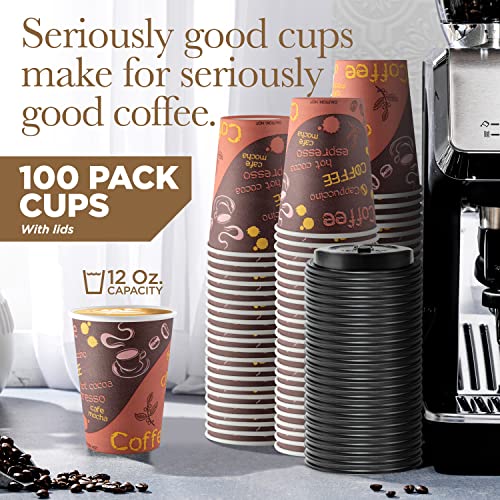Disposable Coffee Cups with Lids 12 oz (100 Pack) - To Go Paper Coffee Cups for Hot & Cold Beverages, Coffee, Tea, Hot Chocolate, Water, Juice - Eco Friendly Cups