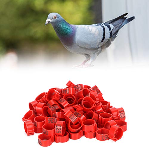 Astibym Bird Clip, 100Pcs Plastic Pigeons Identify Reusable Easy to Use Pigeons Leg Bands 001β100 Numbered for Parrots(10mm red with Word Ring)
