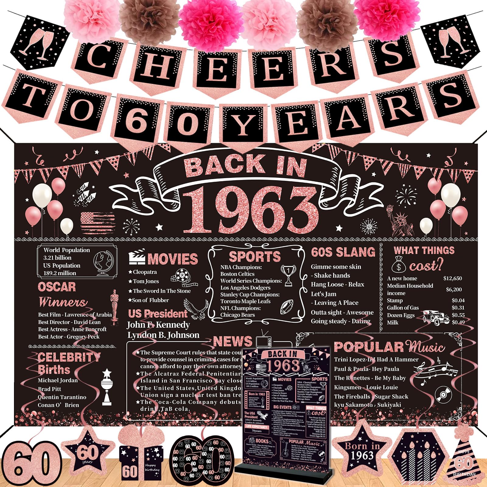 60th Birthday Decorations for Women,16PCS Back in 1963 Banner 60 Year Old Party Decorations,Including Vintage 1963 Banner,1963 Poster Anniversary Card,6 paper Poms,60th Birthday Gifts for Women