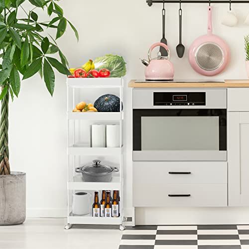 SPACEKEEPER 5-Tier Storage Cart, Bathroom Storage Organizer Rolling Utility Cart, Mobile Shelving Unit Slide Out Storage Shelves for Kitchen Living Room Bathroom Laundry Room & Dressers, White