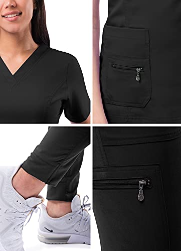 Adar Pro Flawless Plus Scrub Set for Women - Elevated V-Neck Top & Jogger Scrub Pants - P9600 - Black - M