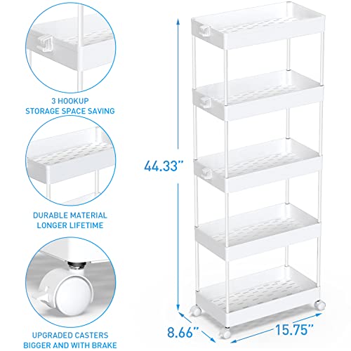 SPACEKEEPER 5-Tier Storage Cart, Bathroom Storage Organizer Rolling Utility Cart, Mobile Shelving Unit Slide Out Storage Shelves for Kitchen Living Room Bathroom Laundry Room & Dressers, White