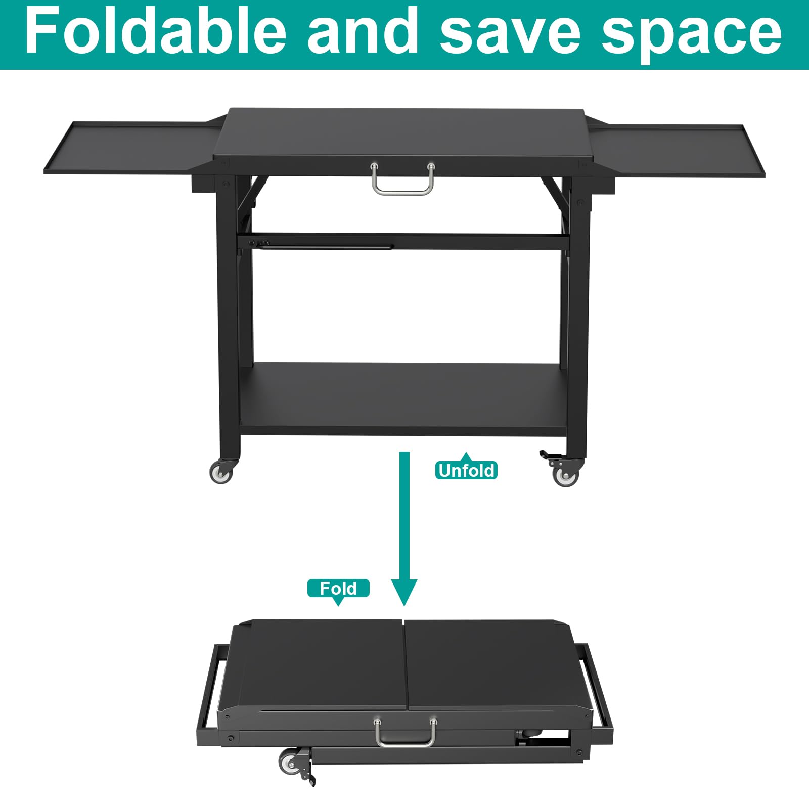Upgrade Foldable Dining Cart Table, Movable Flattop Grill Cart Stand for Blackstone, Weber, Ninja, Portable BBQ Grill, Outdoor Pizza Oven and Other Grill Grddle, Grill Table Cart for Outside Camping