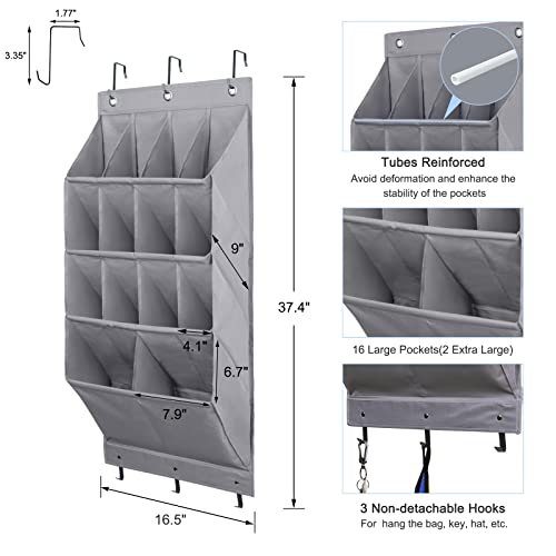 Fentec Over the Door Shoe Organizer, 2 Pack Hanging Shoe Organizer,12 Large Pockets and 2 Larger Storage Various Compartments with 6 Hooks Shoe Storage Rack Organizer for Shoes, Home Accessories, Grey