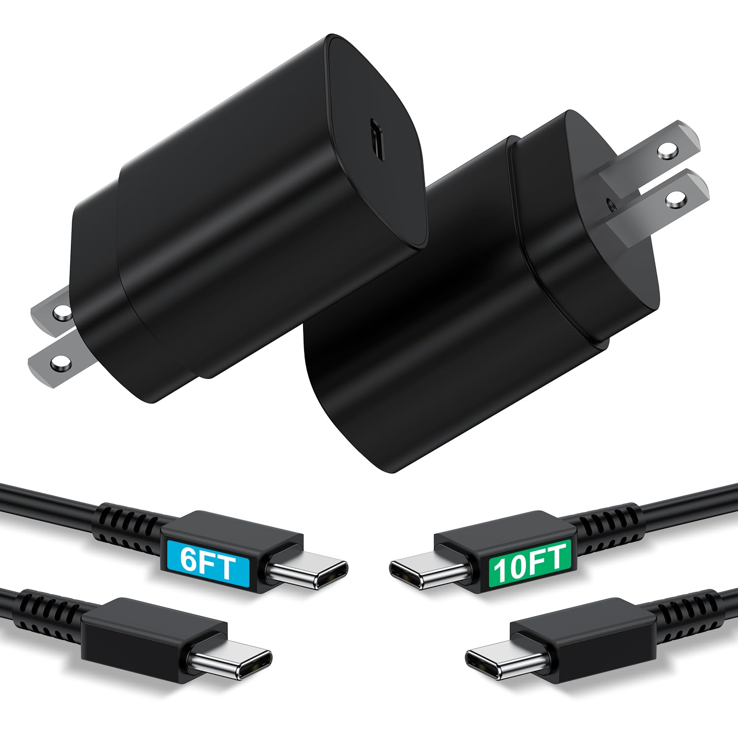 Type C Charger, 25W PD USB C Wall Charger Super Fast Charging Block 2Pack& 6+9.5ft USBC Android Phone Charger Cable Cord for Samsung Galaxy S24 Ultra/S24+/S24/S23 S22 S21 S20 Ultra Plus FE/Note 20 10