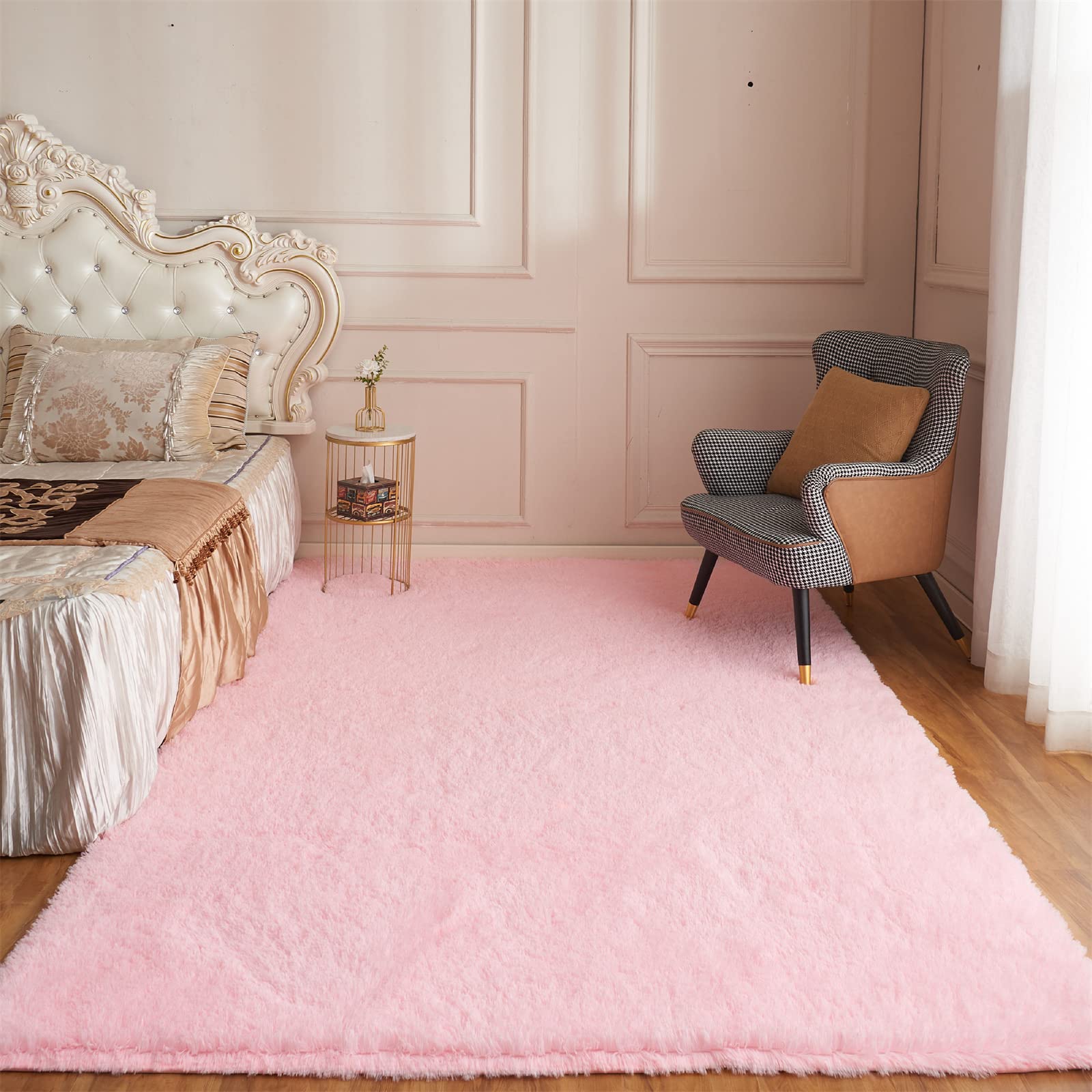Arbosofe Pink Girls' Bedroom Rug, 5'X 8', Fluffy, Modern, Solid, Housewarming, Rectangular, Indoor, Girls' Themed, High Pile, Polyester Area Rug