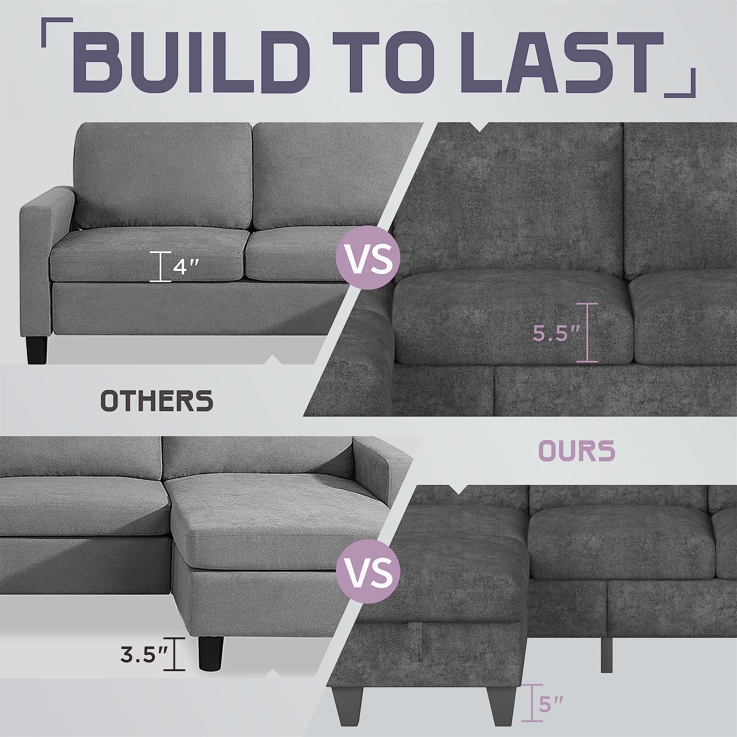 Sectional Sofa L-Shaped Couch, Snowflake Fabric Couch for Living Room with Reversible Storage Chaise & Side Storage Pockets, 3-Seat Sofa for Living Room/Apartment/Dorm/Office/Small Space (Gray)
