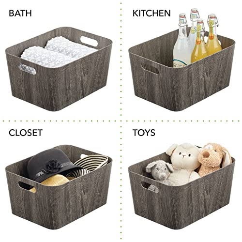mDesign Wood Print Food Bin Box with Handles - Rustic Basket for Kitchen and Pantry Vegetable and Potato Storage - Perfect for Garlic, Onions, Fruit, and More - 16" Long - 4 Pack - Black