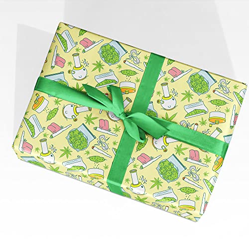 Green Card Greetings Gift Wrapping Paper Sheet, Colorful Hemp Theme, Pipe, Joint Pattern, 2 Sheets - 15 sq. ft. total