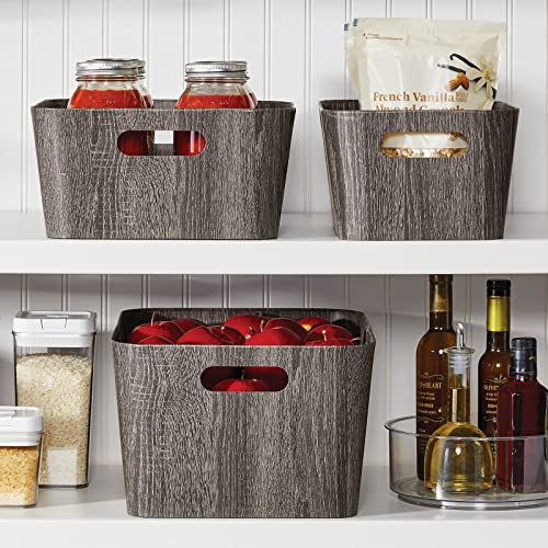 mDesign Wood Print Food Bin Box with Handles - Rustic Basket for Kitchen and Pantry Vegetable and Potato Storage - Perfect for Garlic, Onions, Fruit, and More - 16" Long - 4 Pack - Black