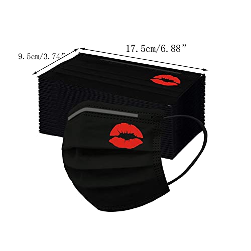 Mikilon, 50 Pcs Adults Black Disposable Face Masks for Women Men with Designs Printed Breathable Full Face Cover Protection 3 Ply (Red Heart), One Size