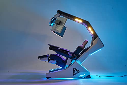 Imperatorworks R1 Pro White Computer Workstation with Massage PU Racing Gaming Chair and Speakers and Support 3 Monitors Zero Gravity Cockpit