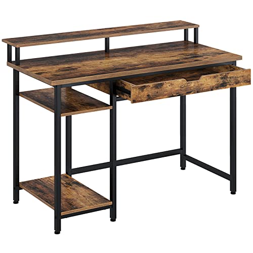 Rolanstar Computer Desk with Monitor Shelf and Drawer, 39" Home Office Writing Desk, Study Table Workstation, Stable Metal Frame, Rustic Brown