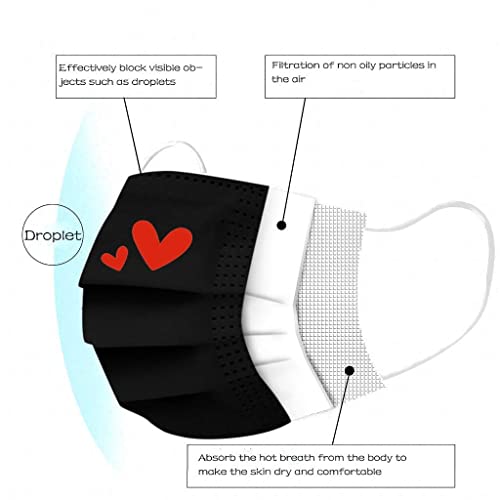Mikilon, 50 Pcs Adults Black Disposable Face Masks for Women Men with Designs Printed Breathable Full Face Cover Protection 3 Ply (Red Heart), One Size