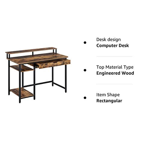 Rolanstar Computer Desk with Monitor Shelf and Drawer, 39" Home Office Writing Desk, Study Table Workstation, Stable Metal Frame, Rustic Brown