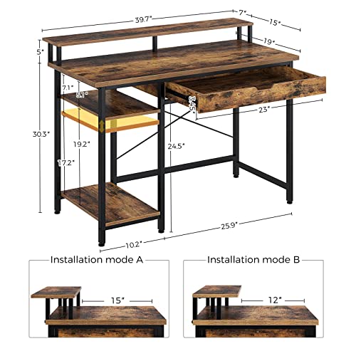 Rolanstar Computer Desk with Monitor Shelf and Drawer, 39" Home Office Writing Desk, Study Table Workstation, Stable Metal Frame, Rustic Brown