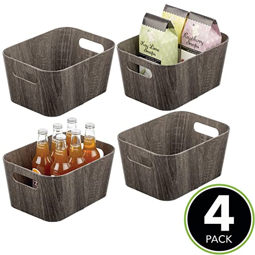 mDesign Wood Print Food Bin Box with Handles - Rustic Basket for Kitchen and Pantry Vegetable and Potato Storage - Perfect for Garlic, Onions, Fruit, and More - 12" Long - 4 Pack - Black