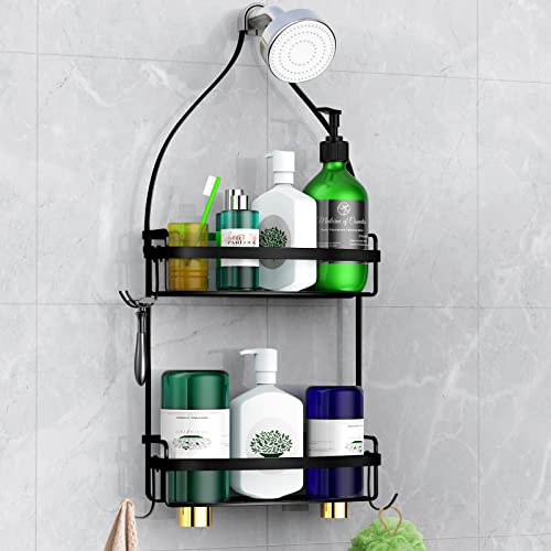Kadolina Shower Caddy Over Shower Head, Bathroom Hanging Shower Organizer Holder Storage for Shampoo, Shower Storage Rack with Hooks for Razor and Sponge (Black)