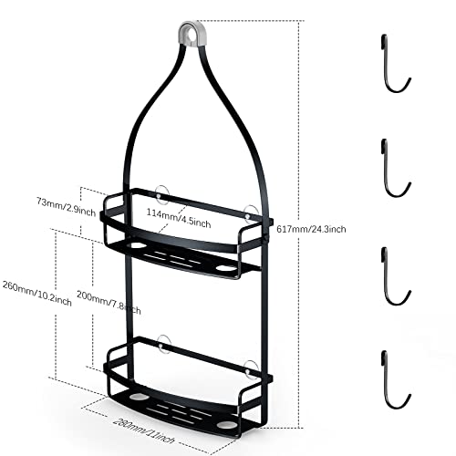 Kadolina Shower Caddy Over Shower Head, Bathroom Hanging Shower Organizer Holder Storage for Shampoo, Shower Storage Rack with Hooks for Razor and Sponge (Black)
