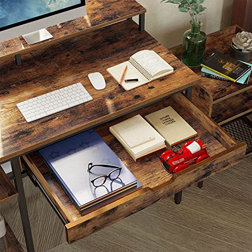 Rolanstar Computer Desk with Monitor Shelf and Drawer, 39" Home Office Writing Desk, Study Table Workstation, Stable Metal Frame, Rustic Brown