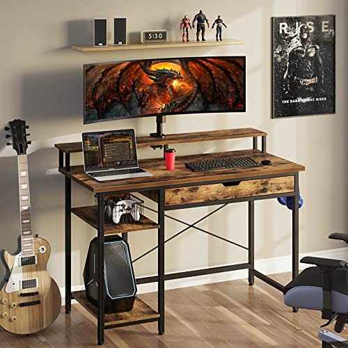 Rolanstar Computer Desk with Monitor Shelf and Drawer, 39" Home Office Writing Desk, Study Table Workstation, Stable Metal Frame, Rustic Brown