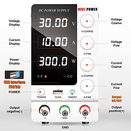 NICE-POWER DC Power Supply Variable Regulated Switching Adjustable 4-Digital Display Adjustable Lab Bench Power Supply, Output Enable/Disable Button (Side Display 30V/10V)