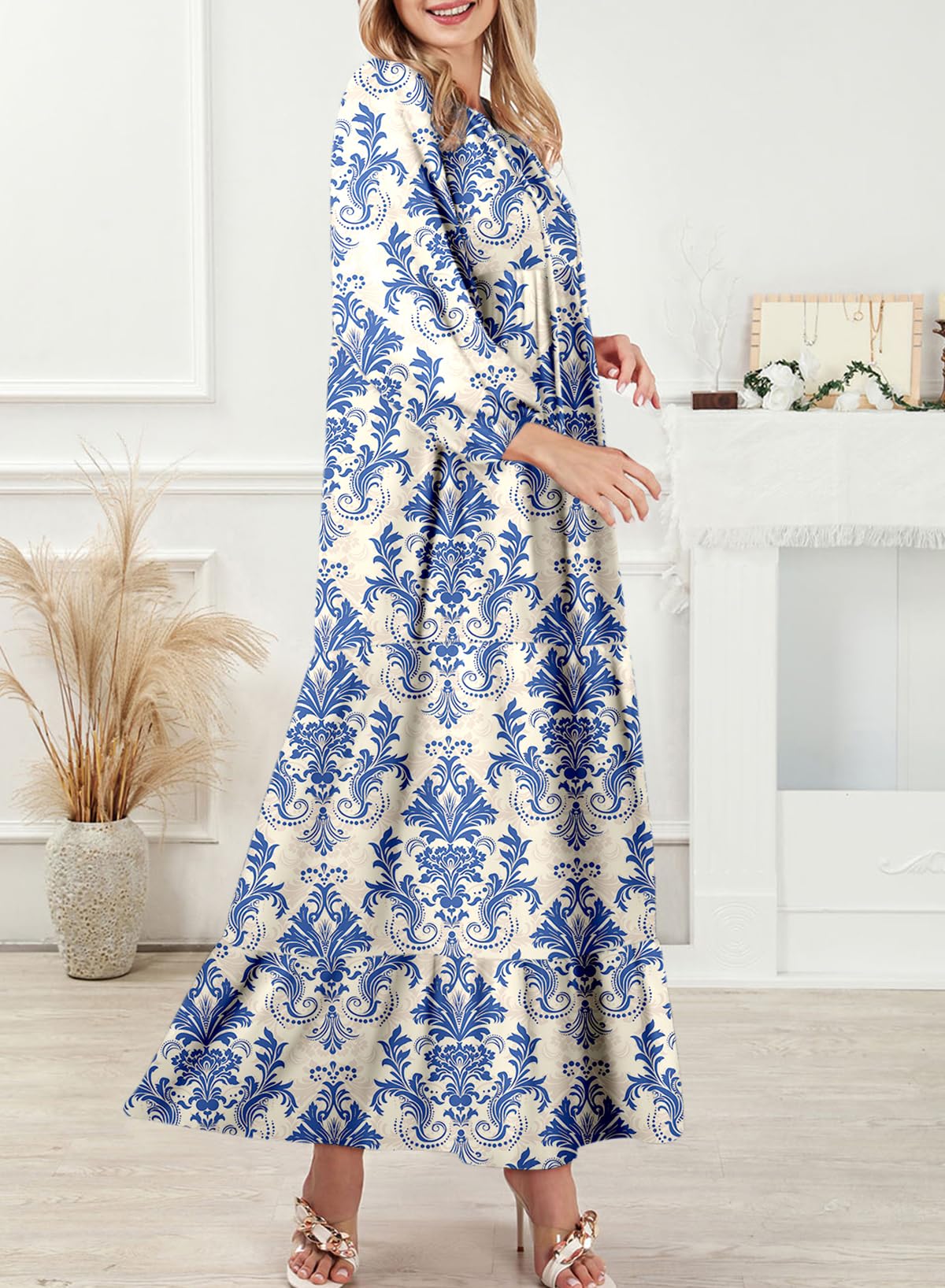 Dokotoo Womens Sundresses V Neck Boho Maxi Dress Puff Sleeve Long Dresses Ruffle A Line Flowy Beach Dresses XX-Large Blue