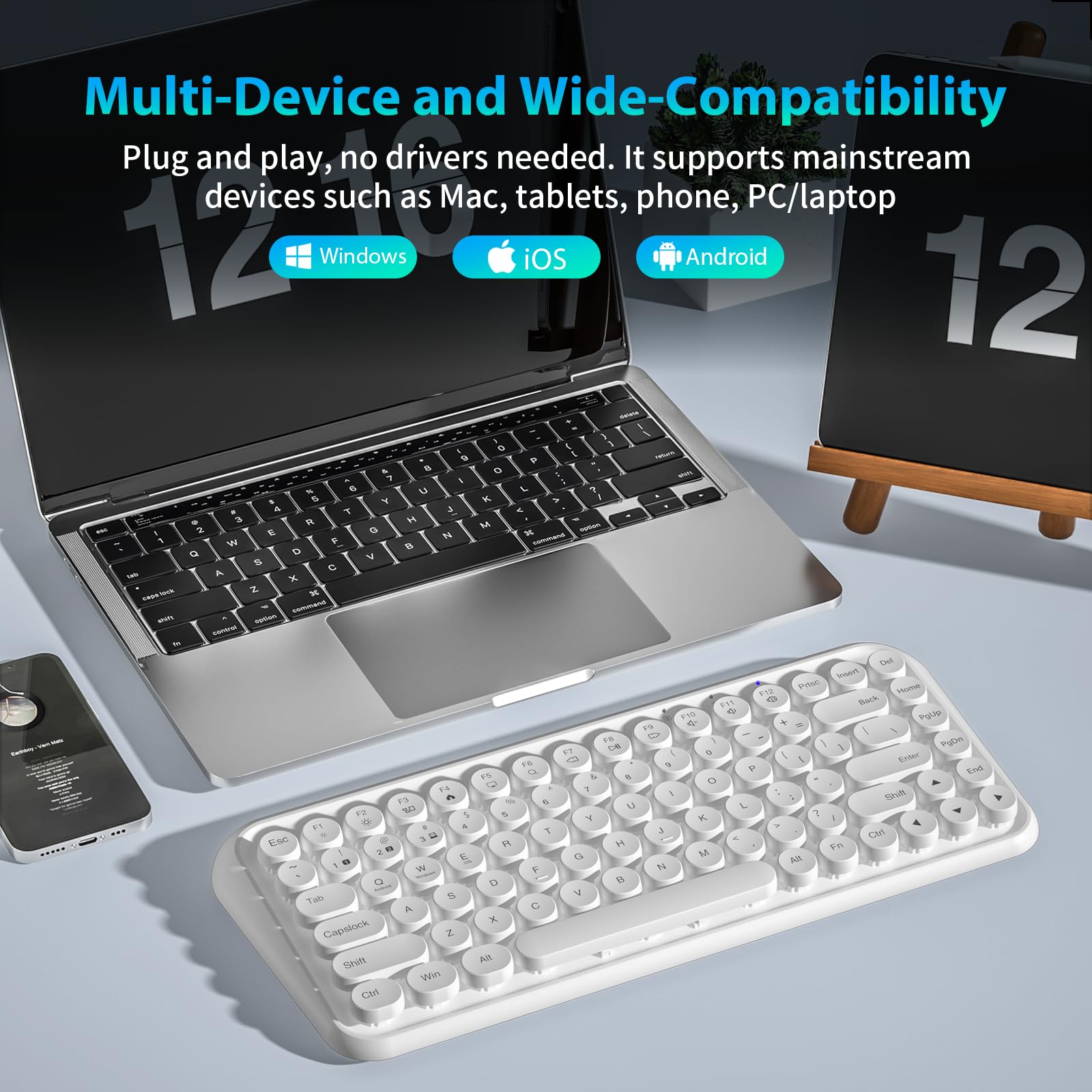 Wireless Bluetooth Keyboard, 2.4GHz Typewriter Retro Keyboard, 84 Keys Portable Office Computer Keyboard with 2xAA Batteries and Cute Floated Round Keycaps for Windows Android PC Laptop Mac iPad,White