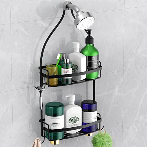 Kadolina Shower Caddy Over Shower Head, Bathroom Hanging Shower Organizer Holder Storage for Shampoo, Shower Storage Rack with Hooks for Razor and Sponge (Black)